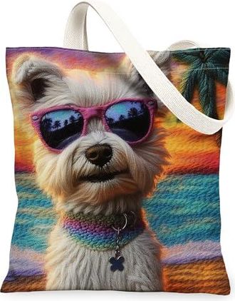 Generic Summer Westie Sac fourre-tout en toile pour faire du shopping 33 x 38,1 cm, sac r&eacute;utilisable &agrave; motif imprim&eacute; de chiot c&ocirc;tier pour femme, peinture esth