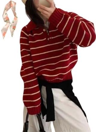 Generic Y2k Pull en tricot ray&eacute; &agrave; manches longues et col en V Col &agrave; revers Bloc de couleurs Vintage Preppy Jumper Sweatshirt, C, Taille unique