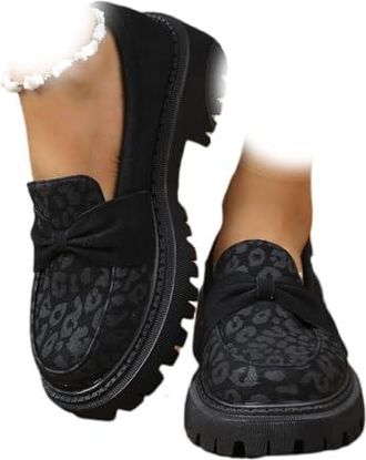 Generic Mocassins en daim imprimé léopard pour femme, fond épais, décontracté, avec noeud, chaussures de marche à enfiler, Noir, 43 EU