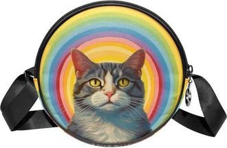 Generic Petit sac &agrave; bandouli&egrave;re rond rond pour femme, motif chat arc-en-ciel, avec fermeture &eacute;clair, bretelles r&eacute;glables, d&eacute;contract&eacute;