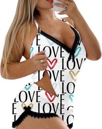 Generic Ensemble de pyjama 2026 pour femme avec d&eacute;bardeur et short en dentelle imprim&eacute; coeur pour la Saint-Valentin, blanc, XXL