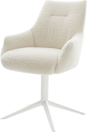 DELIFE Esszimmerstuhl Alja-Flex mit Armlehnen Fu&szlig;kreuz Wei&szlig; Teddystoff Beige 360&deg; drehbar Wippfunktion Taschenfederkern