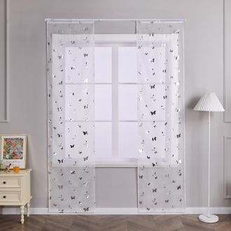 Joyswahl Schiebegardinen Voile Transparente Hei&szlig;er silberner Schmetterling Schiebevorhang Gardinen mit Klettband Vorhang BxH 57x175cm Silber 2 St&uuml;ck