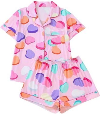 Generic Ensemble de v&ecirc;tements de nuit pour femme &agrave; manches courtes avec col crant&eacute; et imprim&eacute; coeur confortable pour le printemps, l&eacute;t&eacute;, lautomne 2026, Rouge,