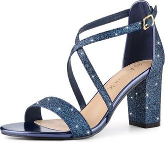 Allegra K Talons blocs &agrave; bretelles crois&eacute;es paillet&eacute;es pour femme, bleu, 38 EU