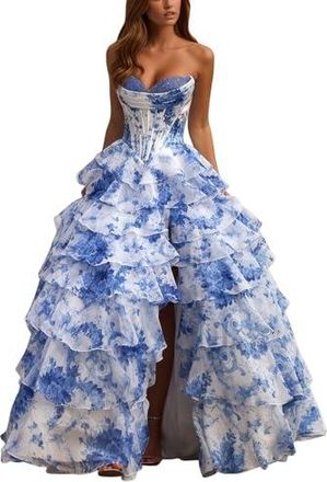 Generic Robe de bal florale sans bretelles à volants pour femme, longue robe corset trapèze, robe de soirée formelle en coeur, bleu, XXL