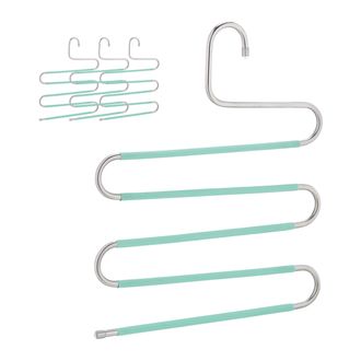 Relaxdays Mehrfach Hosenb&uuml;gel, 4er Set, S-Form, 5 Stangen, rutschfest, platzsparende Multib&uuml;gel, Metall, Silber/Mint