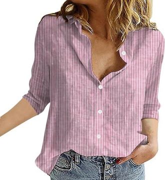 Generic Chemisiers en coton et lin pour femme - Manches 3/4 - Col en V - Chemisier basique pour le travail de bureau, rose, XXL