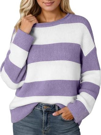 Generico Pull dhiver &eacute;l&eacute;gant pour femme en tricot &eacute;pais avec col rond et manches longues, violet, XXL