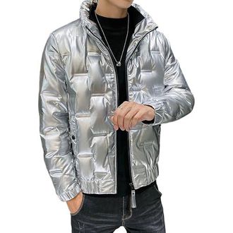 Generic Manteau dhiver matelass&eacute; brillant &agrave; capuche pour homme - Chaud et brillant - Fermeture &eacute;clair int&eacute;grale - Veste matelass&eacute;e, argent&eacute;, 3XL