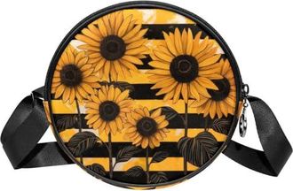 Generic Petit sac &agrave; bandouli&egrave;re rond pour femme, motif tournesol avec fermeture &eacute;clair, bretelles r&eacute;glables, style d&eacute;contract&eacute;, pour femmes et filles