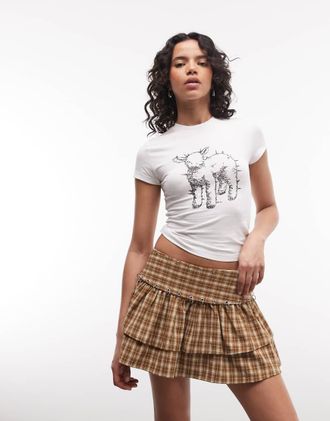 The Ragged Priest Mini-jupe taille basse &agrave; carreaux avec volants et d&eacute;tails m&eacute;talliques - Fauve-Multicolore