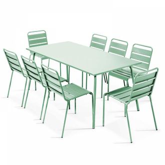 Oviala Ensemble table de jardin et 8 chaises en m&eacute;tal vert sauge - Palavas