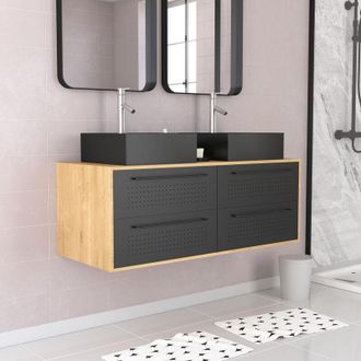 Aurlane Meuble de salle de bains 120 cm - 2 vasques carrées - chêne naturel et noir mat - uby