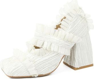 Generic JCVBN Chaussures Mary Jane pour femme avec dentelle pliss&eacute;e bout carr&eacute; Sweet Lolita peu profonde r&eacute;tro &eacute;l&eacute;gant talons hauts mariage dames, blanc, 37.5