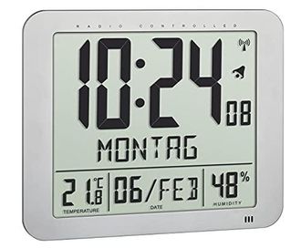 TFA Dostmann Horloge radiopilotée numérique 60.4516.54 avec température, Inscription du Jour en français, 2 Fonctions de réveil, Horloge de Table ou à Suspendre, a