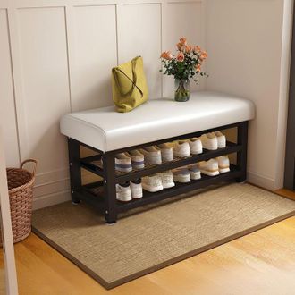 Generic Moderne Aufbewahrungsbank Aus Metall, 47,2 Zoll, Orangefarbenes, Doppellagiges Schuhregal Mit Gepolsterter Sitzfl&auml;che for Eingangsbereich, Wohnzimmer,