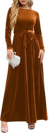 Minetom Femme Automne Hiver Longue Robe Velours Elegant Col Rond Couleur Unie Manches Longues A-Line Robe Soirée Fête Cocktail Maxi Robes A Marron M