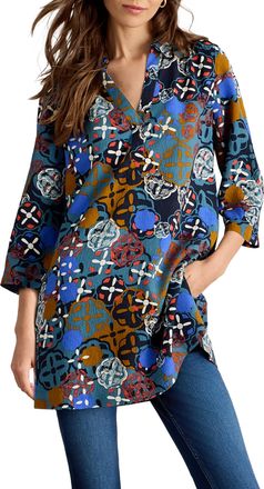 White Stuff Blake Tunika - Langärmlig, mit V-Ausschnitt, Normale Passform, aus Viskosegewebe - Chartreuse Multi - Größe 38