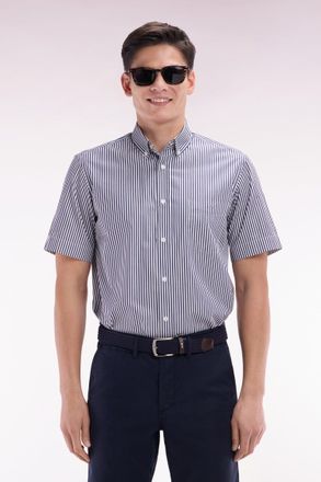 Eden Park Chemise &Agrave; Manches Courtes En Coton Ray&eacute; Bleu Fonc&eacute; Coupe Droite