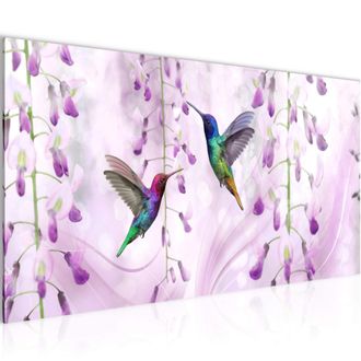 Runa Art Wandbild Blumen Vogel 1 Teilig 100 x 40 cm Modern Bild auf Vlies Leinwand Kolibri Abstrakt Wohnzimmer Rosa 025412b