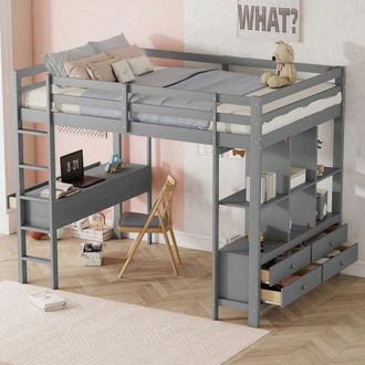 Generic Kinder-Zwischengeschoss-Bett 140x200 wei&szlig; - Integriert einen Schreibtisch und Aufbewahrungsschubladen unter dem Bett (ohne Matratze) (Grau + Kiefer + 