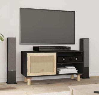 vidaXL Vidaxl - Meuble TV noir 80x30x40 cm en bois de pin massif et rotin naturel - 3 compartiments de rangement - Capacit&eacute; de charge 70 kg