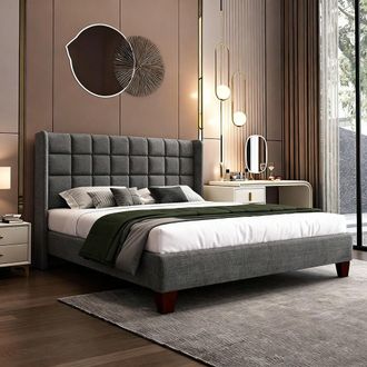 Generic Polsterbett Mit seinem gepolstertes Kopfteil Doppelbett mit Lattenrost, 140x200cm,in Grau Leinen, mittelfest (Grey)