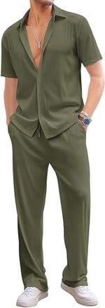 Generic Tenue 2 pièces décontractée à manches courtes boutonnée pour homme, travail, vacances, sport, plage, été, pantalon ample 2025, vert militaire, XL