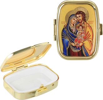 NKlaus Goldene Hostiendose 5,5x4cm - Rechteckiges Rosenkranz Metalletui klein aus Metall mit farbenfroher Ikonendarstellung der Heiligen Familie - praktisch 