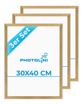 Photolini Bilderrahmen 30x40 Holz MDF Gold, 3er Set Bilderrahmen 40x30 cm, Picture Frame mit bruchsicherem Acrylglas, Rahmen 30 x 40 zum Aufh&auml;ngen, extra Zubeh&ouml;