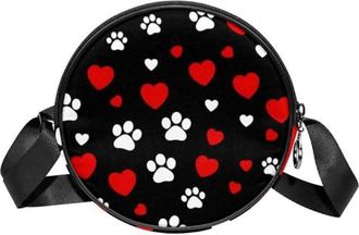 Generic Sac &agrave; bandouli&egrave;re circulaire pour femme, motif pattes et coeurs rouges, petit sac &agrave; dos &agrave; bandouli&egrave;re avec fermeture &eacute;clair, bretelles r&eacute;glables, sac 