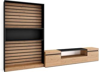 Skraut Home Wohnzimmerm&ouml;bel f&uuml;r TV | Esstisch-Set | 210 x 186 x 35 cm | f&uuml;r Fernseher bis 80 Zoll | TV-M&ouml;bel | moderner Stil | Eiche und Schwarz