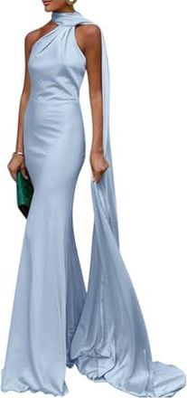 Minetom Robe Longue Femme en Satin Élégante Col Licou sans Manches Dos Nu Cocktail Cérémonie Mariage Soirée Maxi Dress A Bleu XS