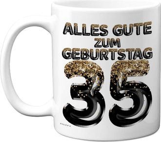 Stuff4 35. Geburtstagsgeschenke - Schwarz Gold Glitzerballons Tasse - Geburtstag Tasse für Männer und Frauen, 325 ml Premium-Keramiktasse, Spülmaschinenfest