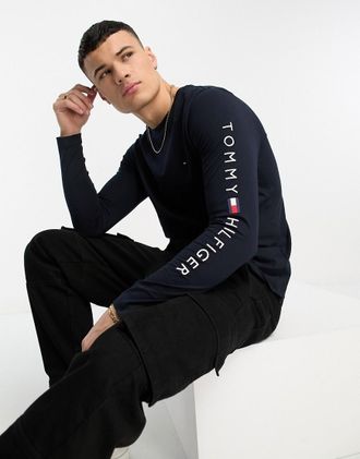 Tommy Hilfiger Lang&auml;rmliges Shirt in Marineblau mit Flaggen-Logo