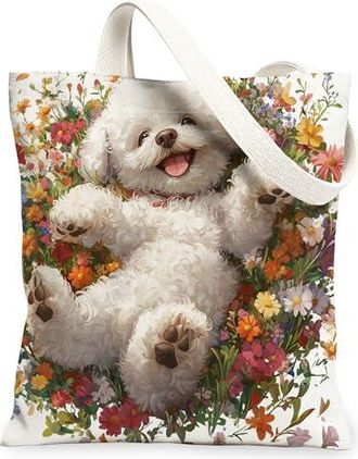Generic Sac fourre-tout en toile motif bichon fris&eacute; pour le shopping 33 x 38 cm, joli champ de fleurs, sac &agrave; bandouli&egrave;re r&eacute;utilisable pour femme, peinture pou