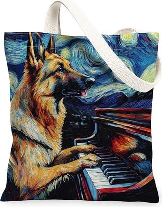 Generic Sac fourre-tout r&eacute;utilisable en toile pour le shopping Motif chien berger allemand 33 x 38,1 cm, motif piano nocturne &eacute;toil&eacute;, sac d&eacute;picerie r&eacute;utilisab