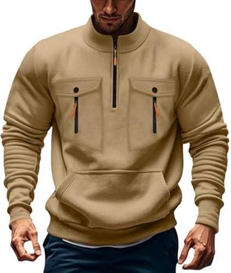 Generic Sweat-shirt sans capuche en polaire pour homme - Demi-fermeture &eacute;clair - Manches longues - Coupe droite - Confortable - T-shirt dext&eacute;rieur doux - Prin