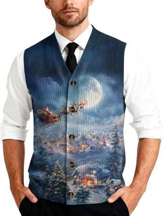 Generic Gilet de No&euml;l pour homme - Gilet en tricot avec imprim&eacute; renne et &eacute;toiles - Motif de No&euml;l - Col en V - Boutonni&egrave;re - Gilet festif pour lhiver et les c&eacute;