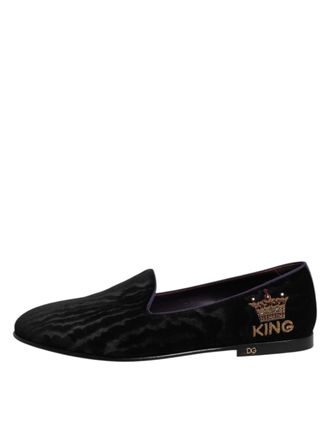 Dolce & Gabbana Mens Black Dg Crown Embroidery Loafers Slip On Shoes
