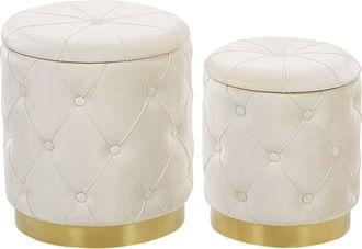 Beliani Runder Pouf im 2er Set Samt wei&szlig; Ottoman Sitzpouf Chesterfield Stil Pueblo