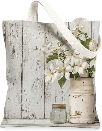 Generic Sac fourre-tout en toile r&eacute;utilisable avec motif floral de cl&eacute;matite printani&egrave;re pour le shopping, 33 x 38 cm, motif floral rustique, sac d&eacute;picerie po