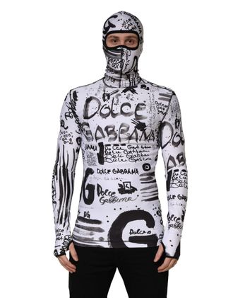 Dolce & Gabbana Mens White Jersey Graffiti Print Balaclava Hood Sweater Polyester Elastane Clothing