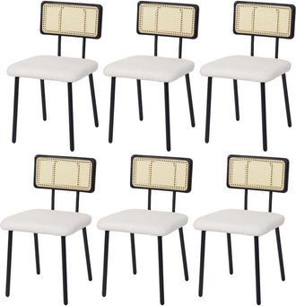 Mendler Mendler - Lot de 6 chaises de salle à manger HWC-K88 - fauteuil chaise - certifié mvg bois poly rotin métal bouclé - tissu/textile blanc