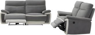 Vente-Unique Canap&eacute;s 3 Places et 2 Places Relax &eacute;lectrique en Velours METTI - Gris et Bandes &eacute;cru