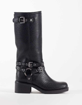 Asos Cassandra - Strukturierte Biker-Stiefel in Schwarz mit &Ouml;sen