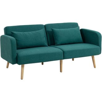 HOMCOM Canap&eacute; convertible 3 places - HOMCOM - dossier inclinable et accoudoirs r&eacute;glables - tissu effet lin - pieds en bois massif - vert