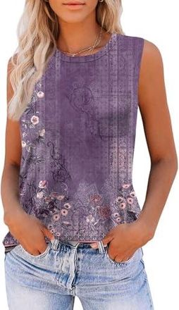 Generic Femmes Débardeur Col Rond Imprimé Tops sans Manches Décontracté Chic Doux Respirant Été Coton légères et Confortables Tee Shirt Femme Fluide Haut Cour