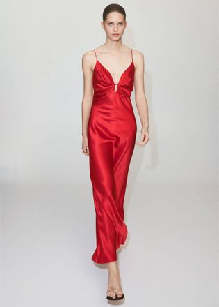 Mango Robe en soie &agrave; d&eacute;collet&eacute; en V rouge intense - Femme - XS - MANGO